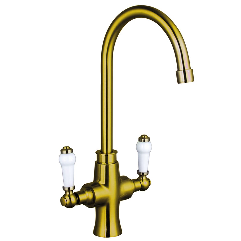Trisen Rura Traditional Twin Lever Kitchen Mixer Tap Brushed Gold
