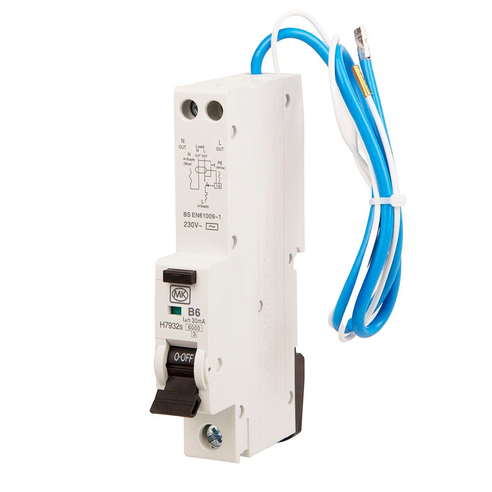 MK Sentry RCBO Single Pole 6A 30mA Trip 7932S