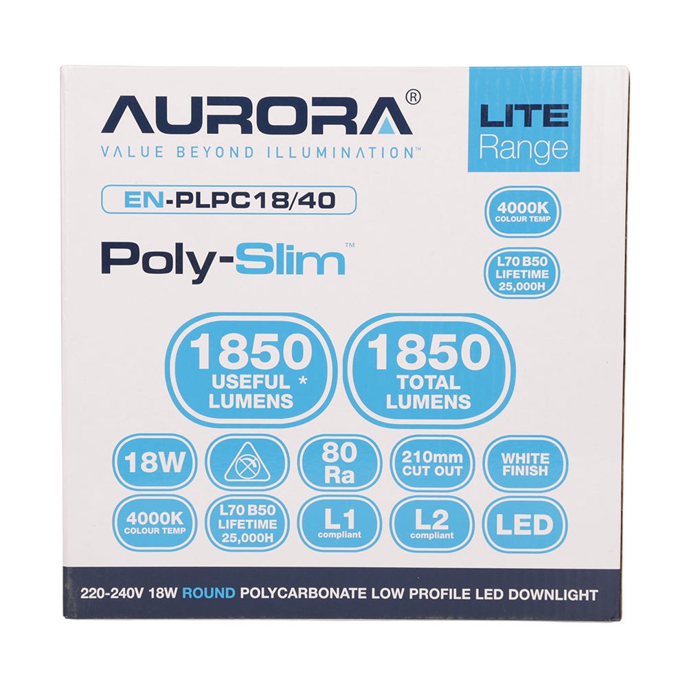 Aurora Poly-Slim Low Profile 230V 18W Downlight - White EN-PLPC18-40