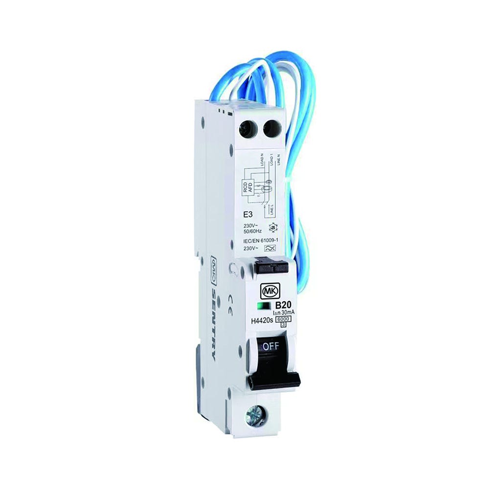 MK Sentry AFDD RCBO B Curve Single Pole & Neutral 20A 30mA Type A
